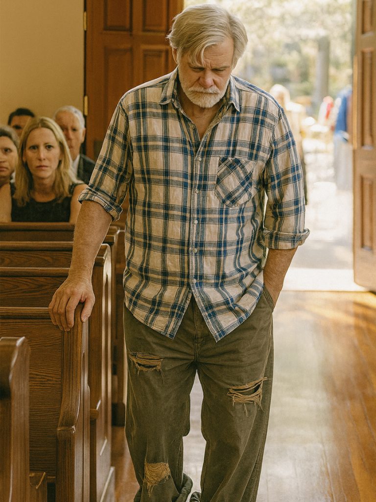 A homeless man in dirty clothes and bare feet walked into a church ...
